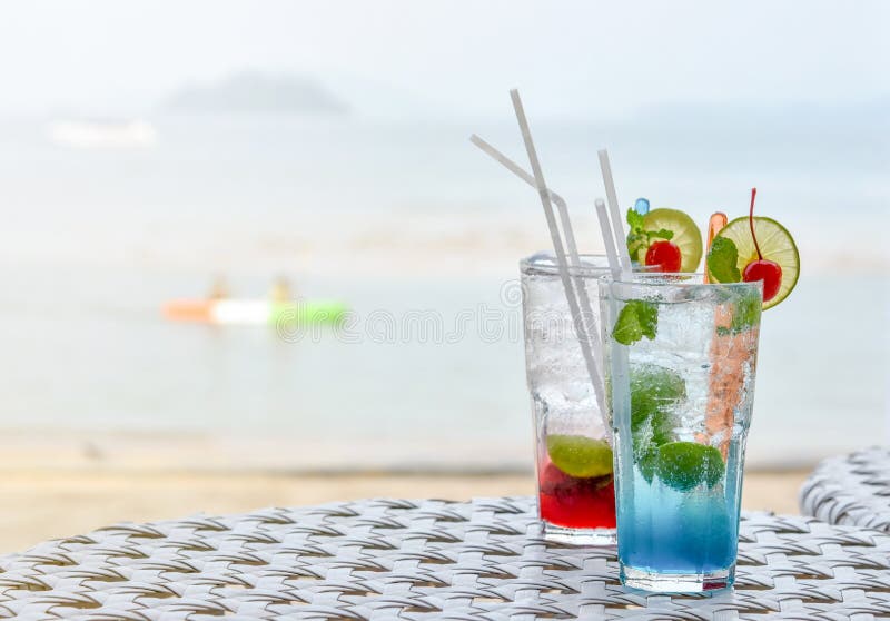 Colorful Refreshment Drinks on Beach Side Table. Stock Photo - Image of ...