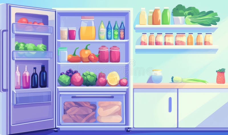 Colorful Refrigerator Filled Fresh Produce Beverages Condiments Modern ...