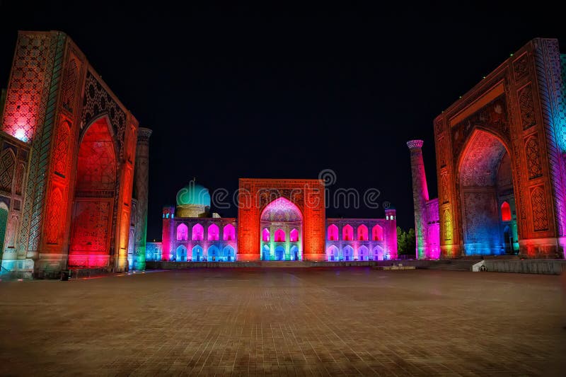 Colorful Registan Square in Samarkand, Uzbekistan. Samarqand by Night ...