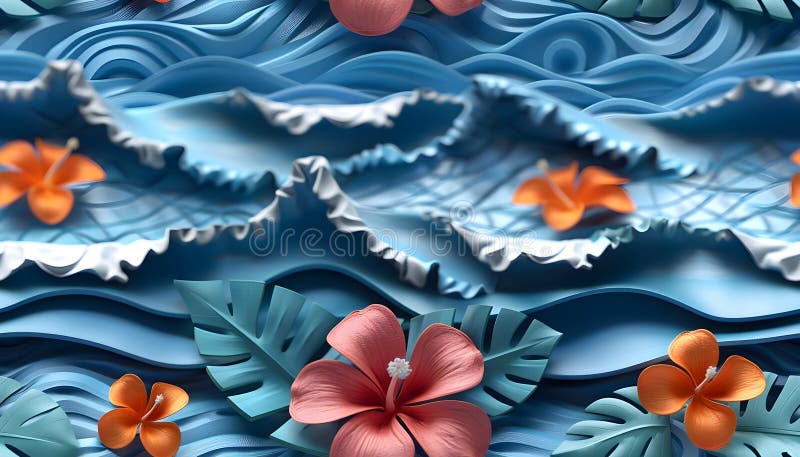 Colorful Relief Design Featuring Waves and Tropical Flowers Stock ...