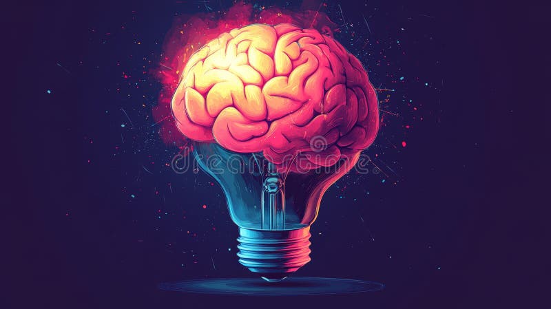A Colorful Representation of a Brain Inside a Light Bulb Against a Dark ...