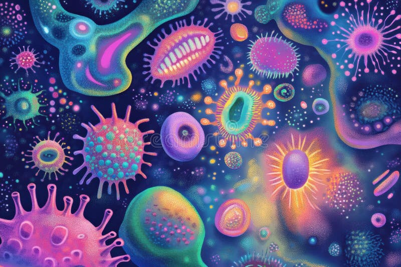 Illustration Showcasing Vibrant and Diverse Microscopic Microbes ...
