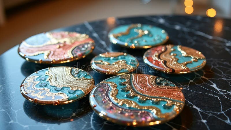 Colorful Resin Coasters on Black Marble Table with Intricate Patterns ...