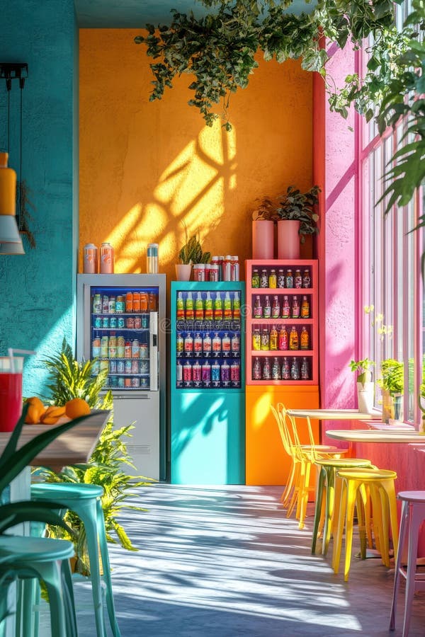 A Colorful Restaurant with a Bright Orange Wall and a Blue Refrigerator ...