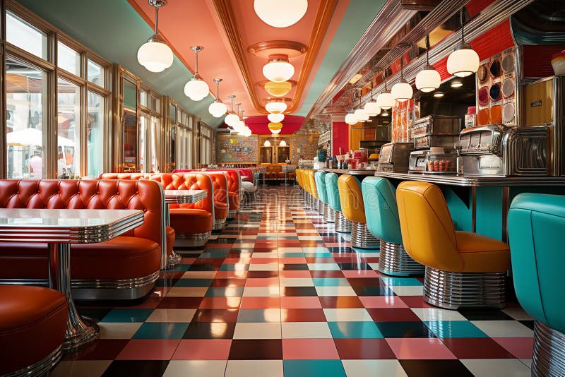 Colorful Retro American Diner Interior Design, Bar, Cafe Stock Image ...