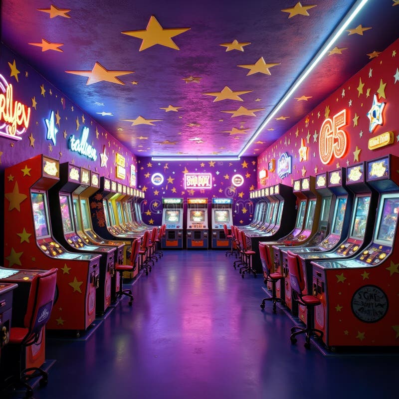 Vibrant Retro Arcade Room Colorful Game Machines Neon Lighting Stock ...