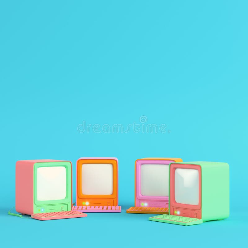 Colorful Retro Computers on Bright Blue Background in Pastel Colors ...