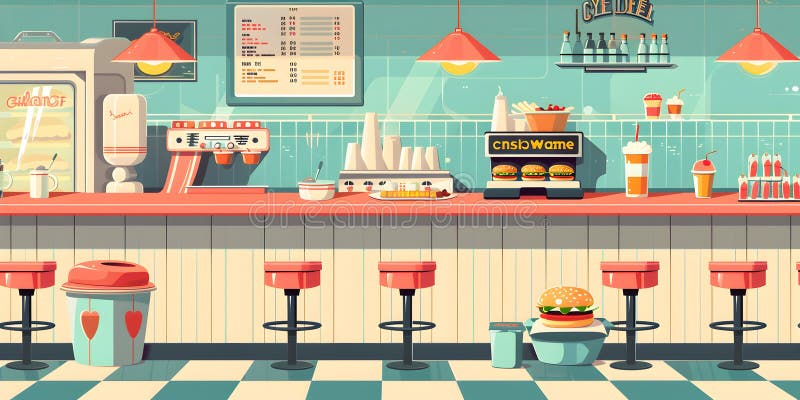 A Colorful Retro Diner Interior Featuring a Counter, Stools, and Food ...