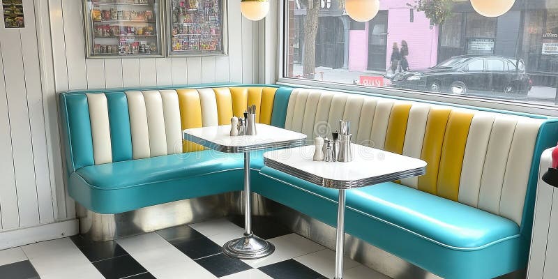 Colorful Retro Diner Interior with Striped Booth Seats and Bright ...