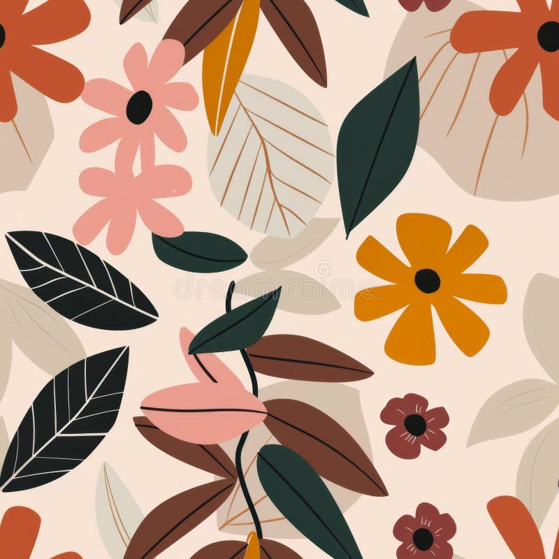 Colorful Retro Floral Pattern with Abstract Flowers and Leaves Stock ...