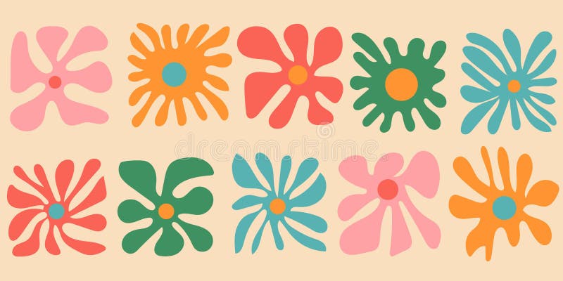 Colorful Retro Flowers Set. Vintage Style Hippie Floral Clipart Element ...