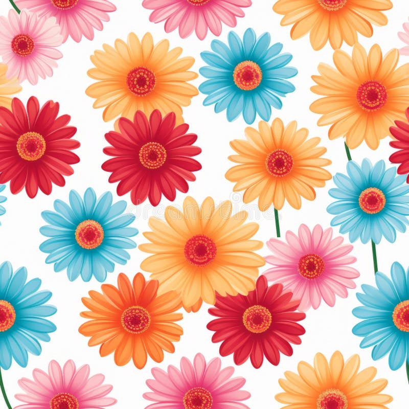 Colorful Retro Gerbera Daisy Patterns on Solid White Background Stock ...