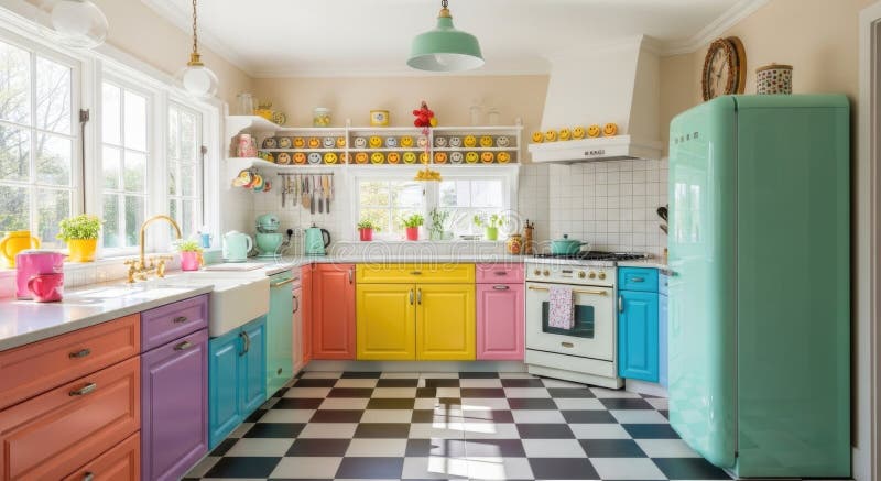 Colorful Retro Kitchen Interior with Pastel Cabinets and Checkered ...