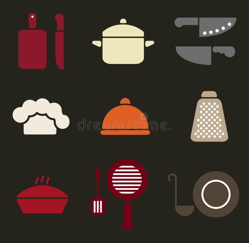 Colorful Retro Minimal Kitchen Cookware Icon Set Stock Vector ...
