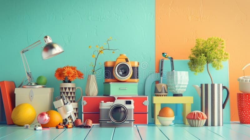 Colorful Retro Objects in a Vibrant Workspace Setting Stock Photo ...