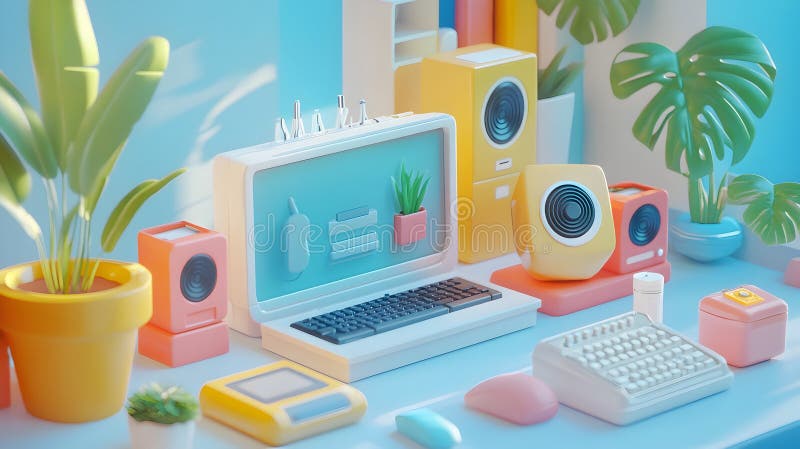 Retro Tech Desk stock image. Image of mouse, monitor - 369464697