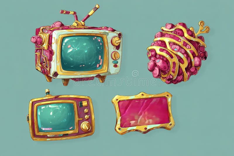 Colorful Retro Television Designs and a Whimsical Object on a Teal ...