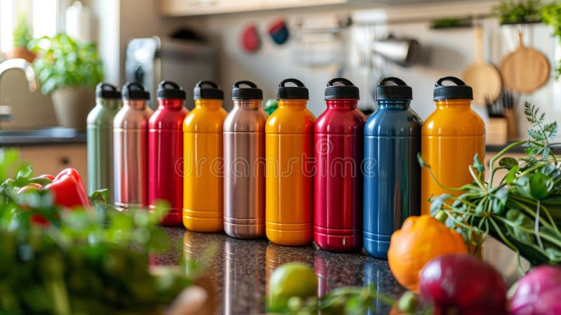 Colorful Reusable Bottles on a Kitchen Counter Stock Photo - Image of ...
