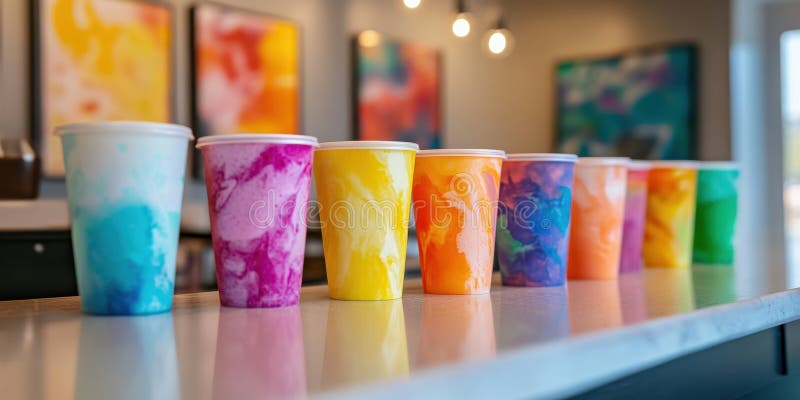 Colorful Reusable Cups in a Row at Modern Art Cafe Stock Illustration ...