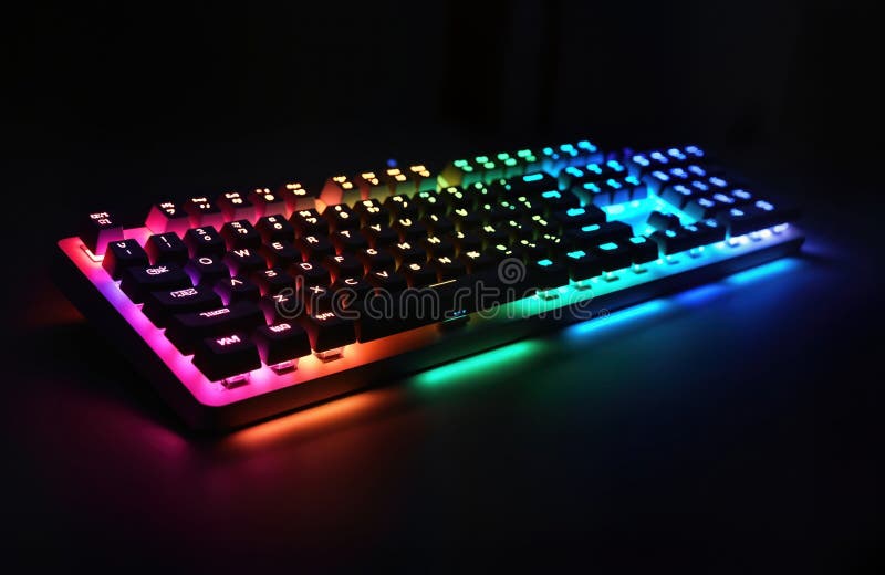 Colorful RGB Backlit Computer Keyboard on Dark Background. Modern Tech ...
