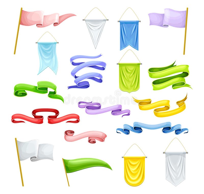 Colorful Ribbon and Flag Pennant with Pole Vector Set Stock ...