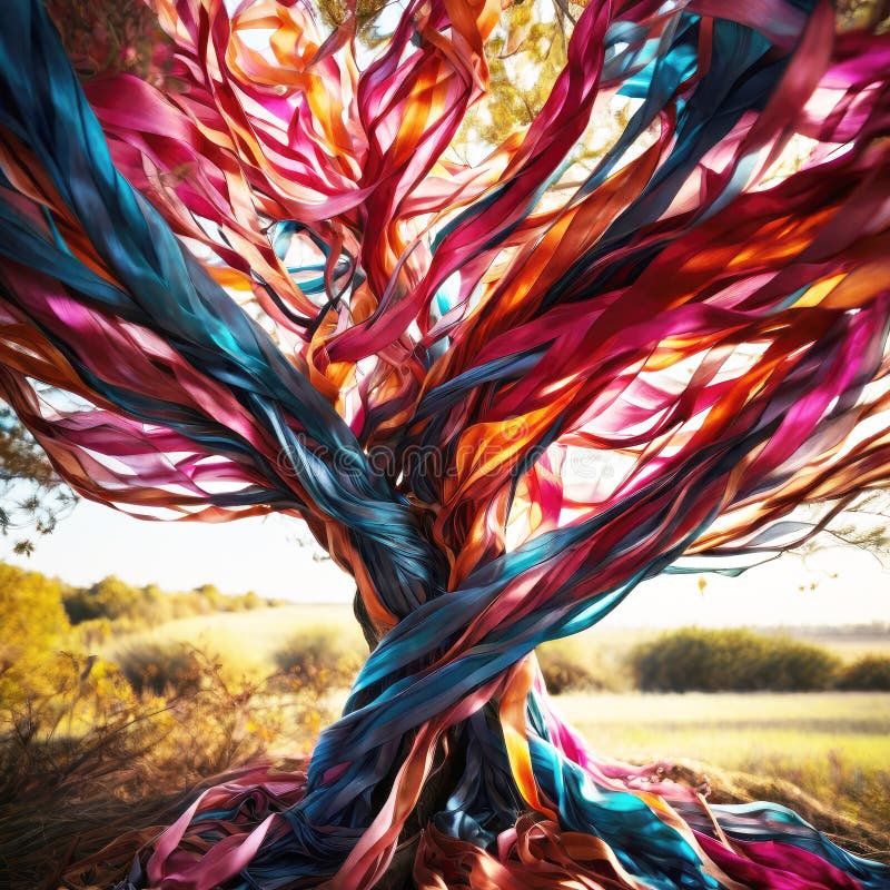 Colorful Ribbons on Tree. Branches Wrapped in Colorful Ribbons Stock ...