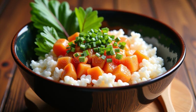 Colorful Rice Bowl with Vegetables on Wooden Table, Culinary Delight ...