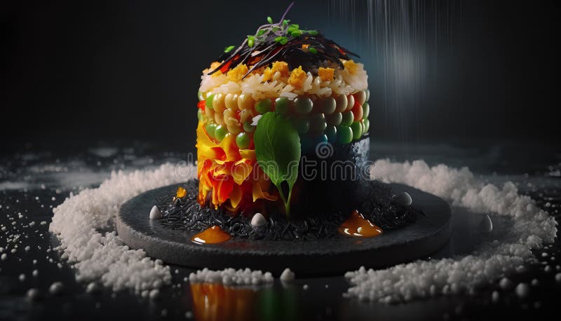Colorful Rice Cake Decorated with Sprouts on a Black Background. Stock ...