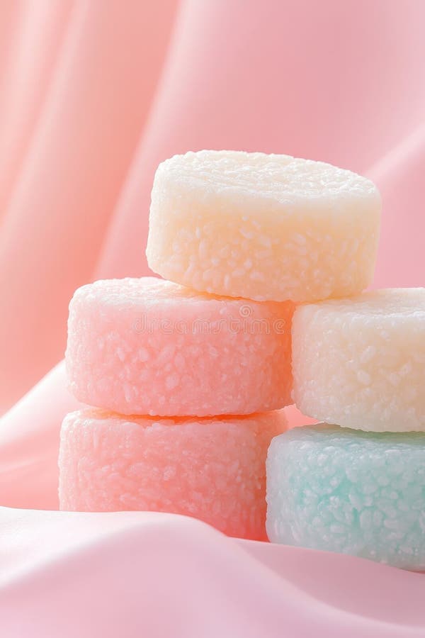 Colorful Rice Cakes Displayed Elegantly on a Soft Pastel Backdrop ...