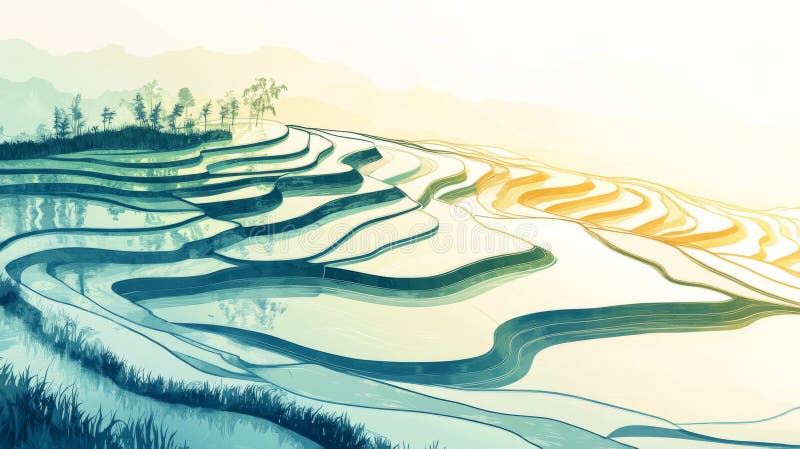 Colorful Rice Terraces Landscape View in Asia Stock Illustration ...