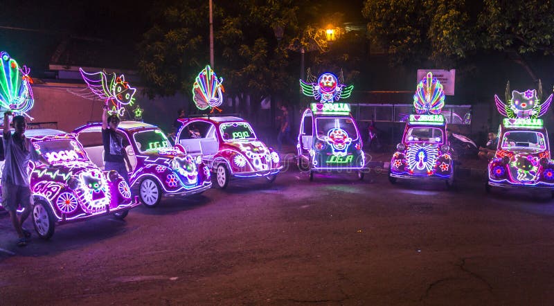 Colorful Rickshaws in Yogykarta at Night Editorial Stock Photo - Image ...