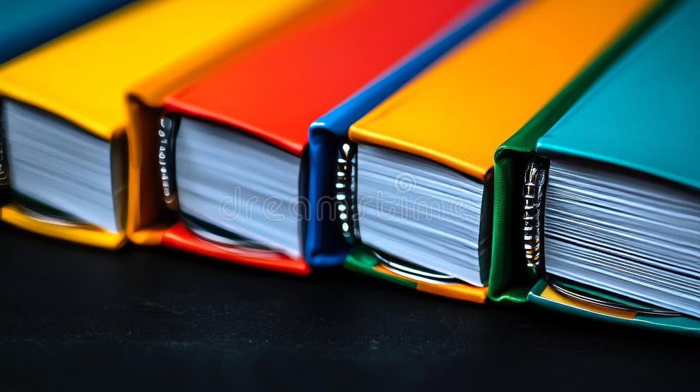 Colorful Ring Binders are Lined Up in a Row on a Wooden Table Surface ...