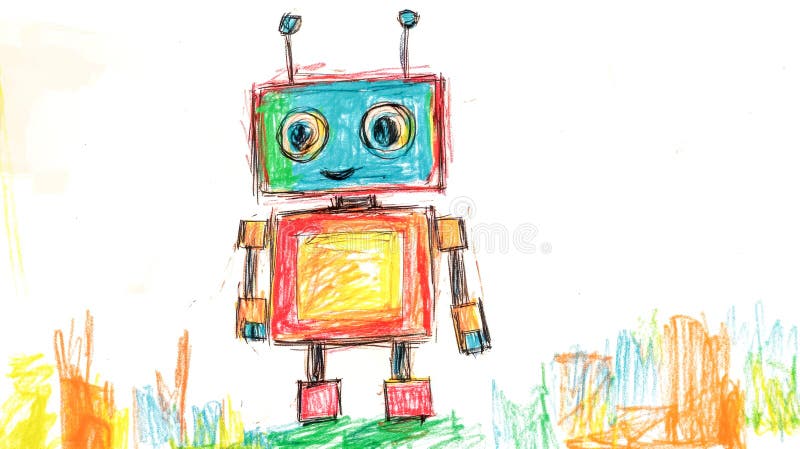 Colorful Child Drawing of a Smiling Robot Stock Image - Image of ...