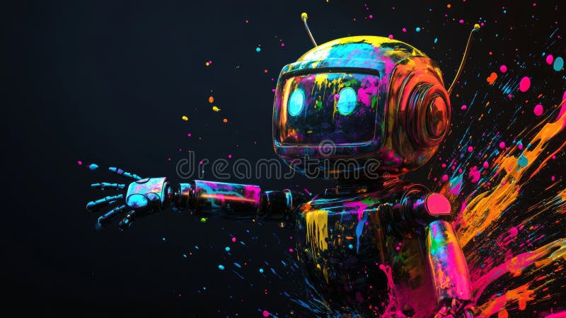 Colorful Robot with Paint Splashes on Dark Background Stock Image ...