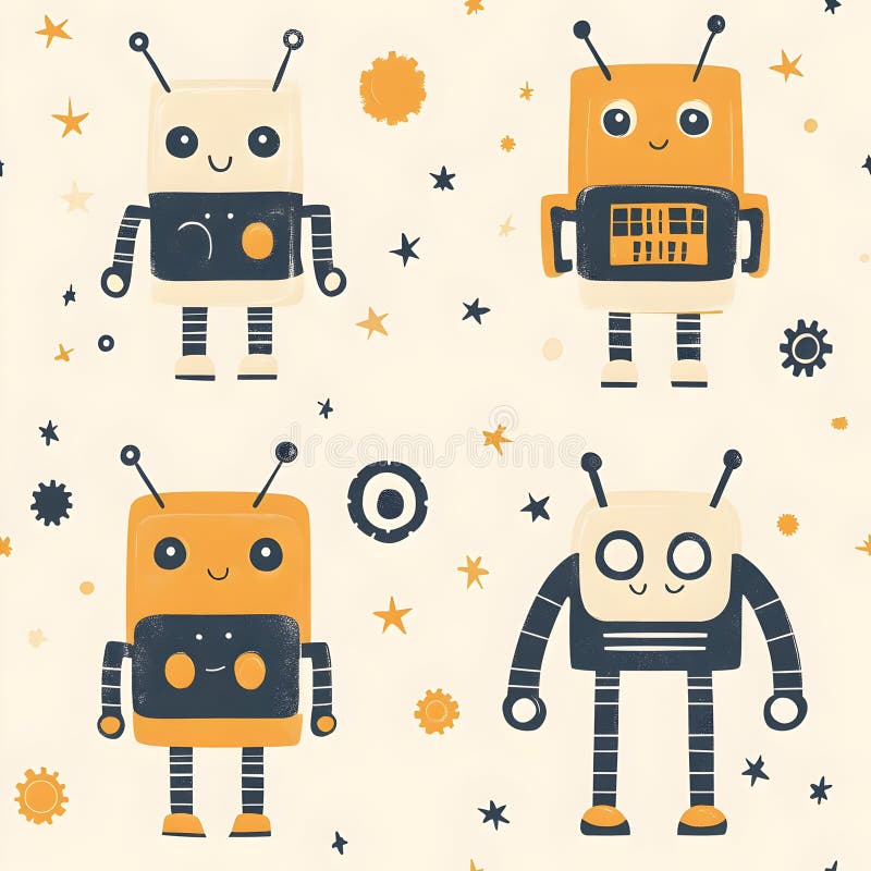 Colorful Robot Pattern with Stars and Planets in a Playful Design Stock ...