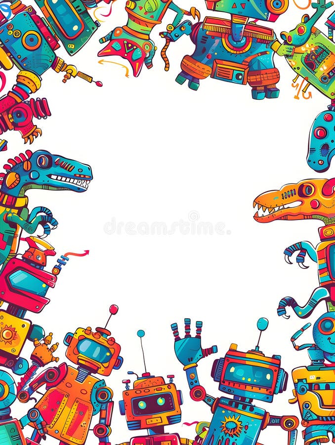 Colorful Robotic Frame with Dino Bots and Friendly Robots Stock Photo ...