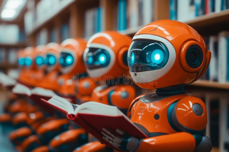 Colorful Robots Reading Books in a Library Explore Knowledge and ...