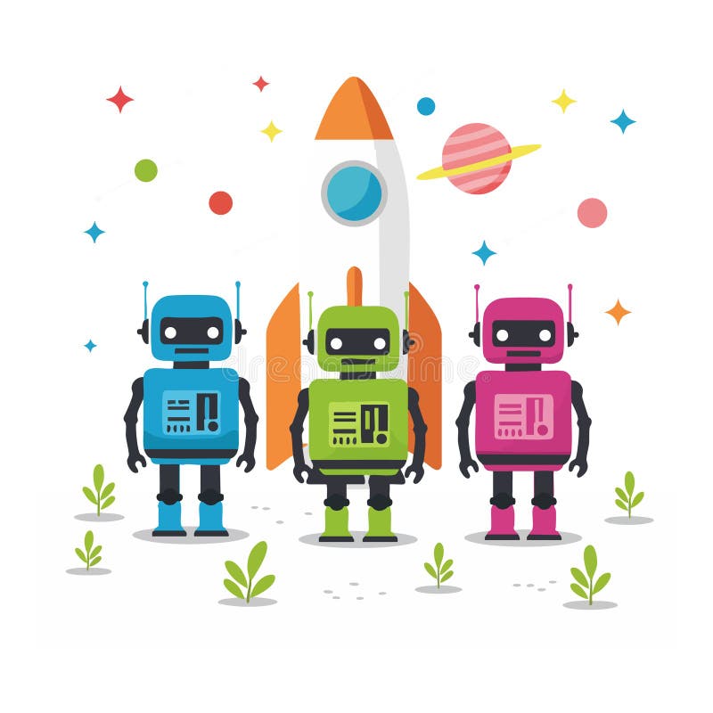 Colorful Robots Standing in Front of Rocket with Planets and Stars ...