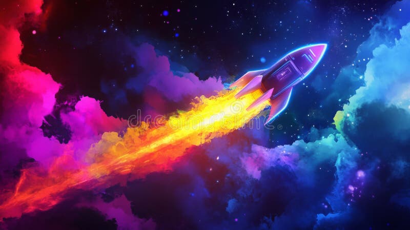 Colorful Rocket Blasting Off through a Vibrant, Cosmic Cloud in a Deep ...