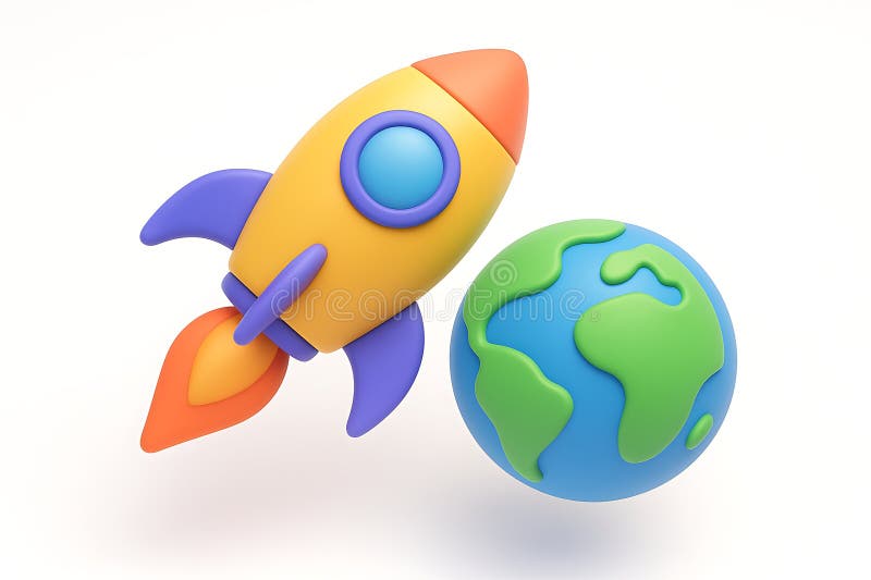 A Colorful Rocket is Flying Around the Globe while Floating Above Earth ...