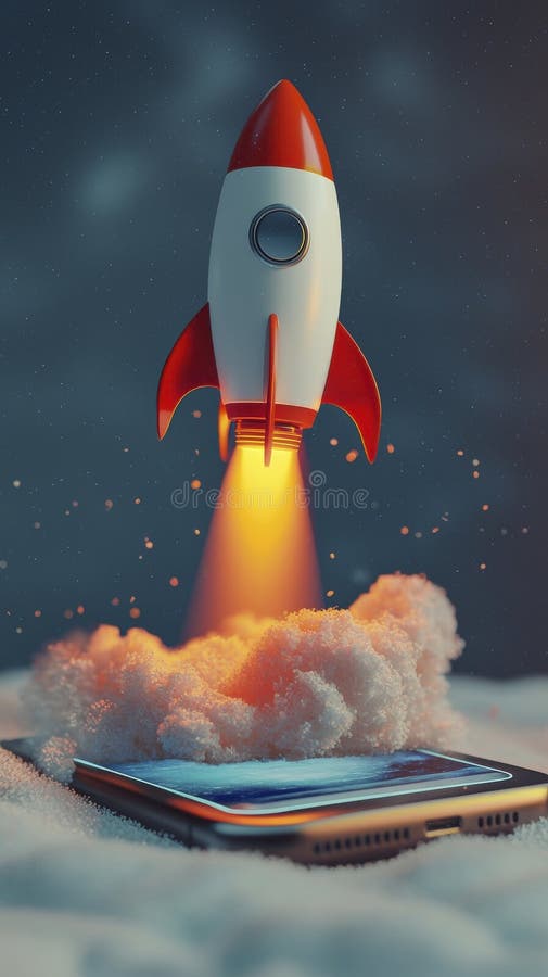 Vibrant Rocket Ignition Emerging from Mobile Device Stock Illustration ...