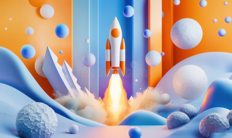 Colorful Rocket Launch in Abstract Landscape with Spheres and Geometric ...