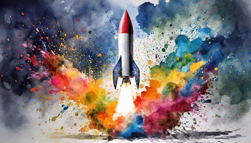 A Colorful Rocket Launches through a Burst of Paint Splashes ...