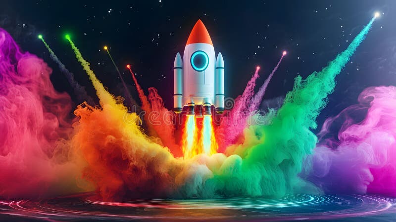 Colorful Rocket Launching Against a Starry Background Stock ...