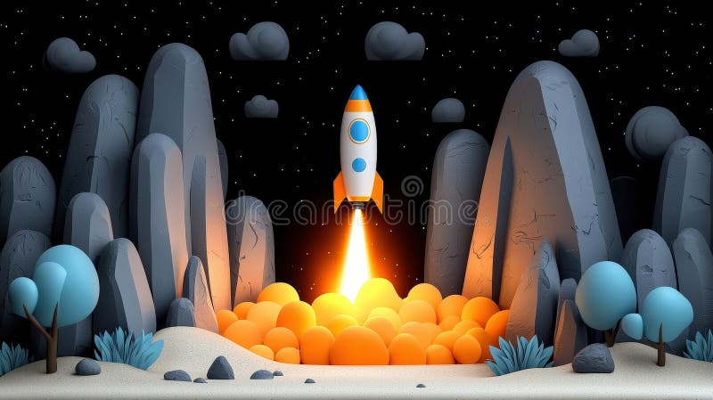 Colorful Rocket Launching from a Desert Landscape with Dramatic ...