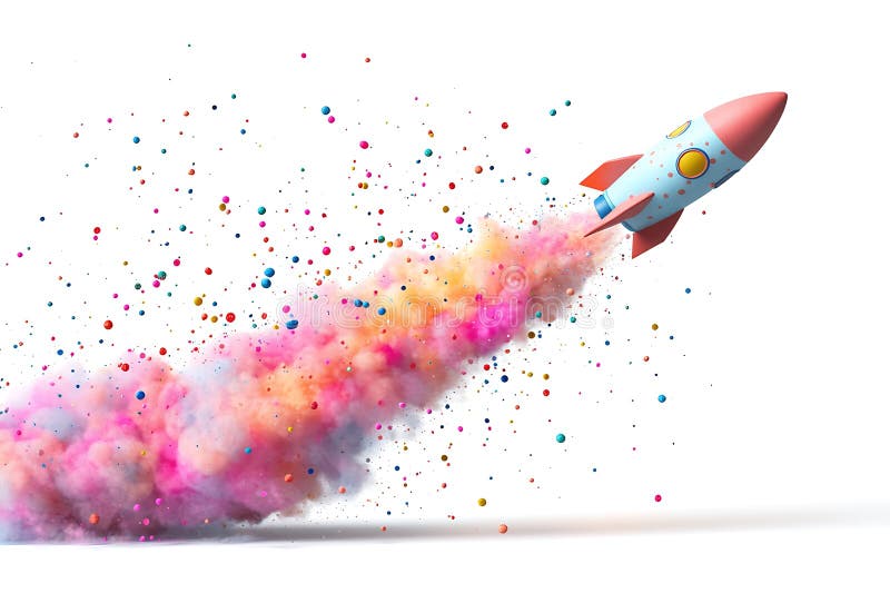Colorful Rocket Launching with Explosion of Paint and Confetti Stock ...