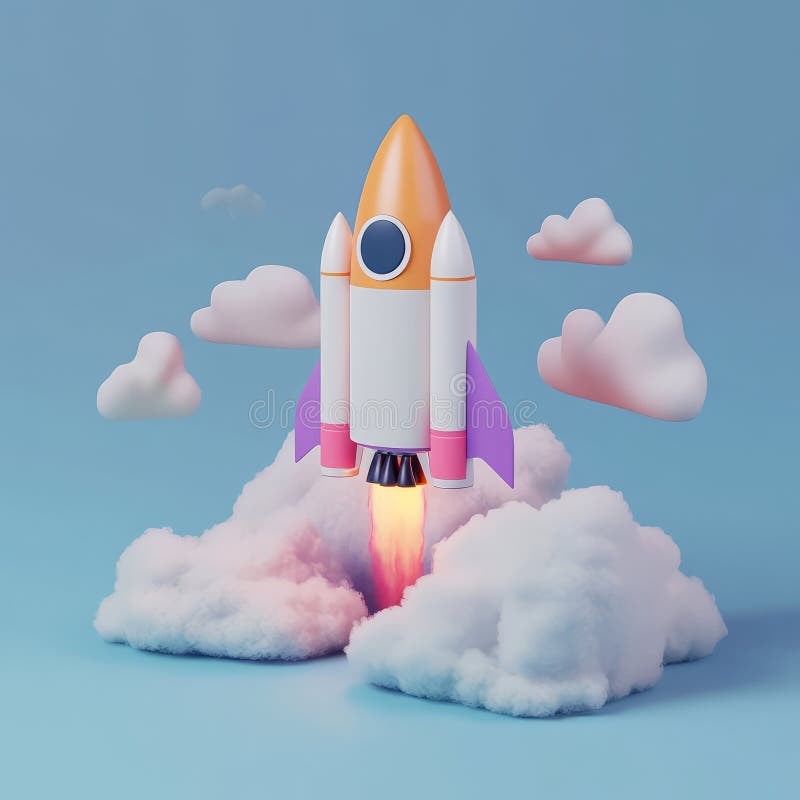 Colorful Rocket Launching through Fluffy Clouds, Symbolizing Innovation ...