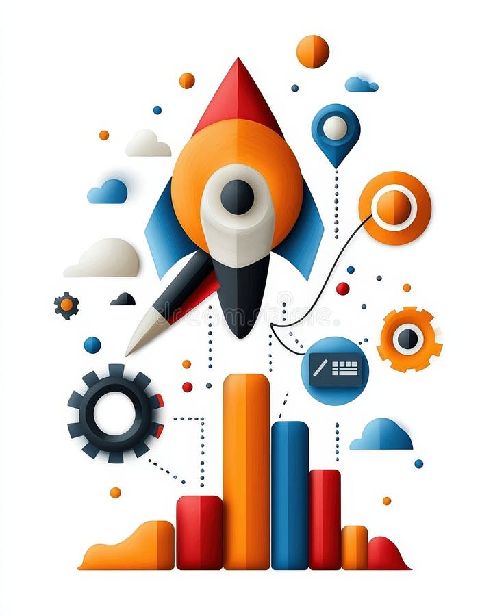 Colorful Rocket Launching Over Data Visualization and Gear Symbols in a ...
