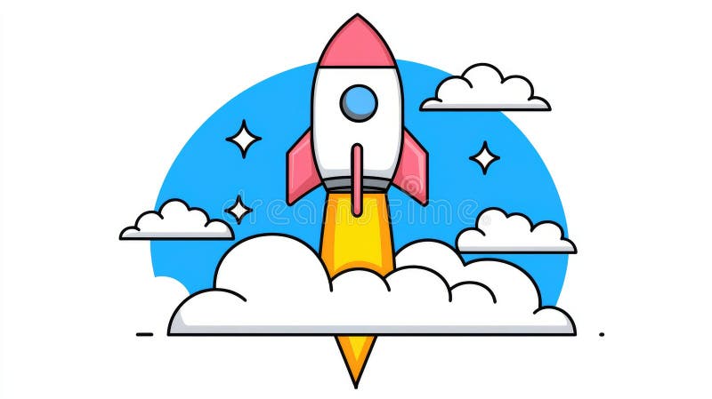 Colorful Rocket Launching into Space with Clouds and Stars Stock ...