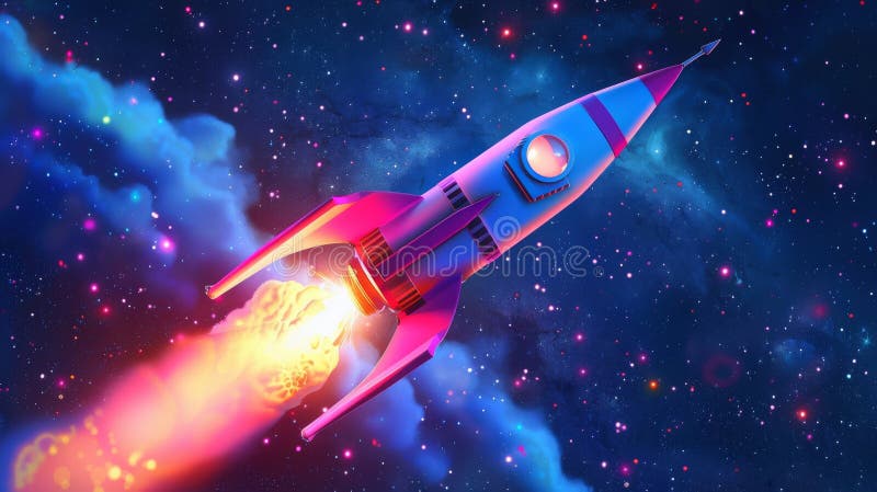 Colorful Rocket Launching into Space with Stars and Galaxy, Cosmic ...